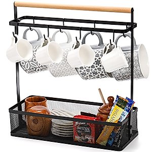 Hiceeden Coffee Mug Holder with Wire Storage Basket, Large Mug Tree Mug Racks, Coffee Tea Cup Mug Stand Organizer for Kitchen Countertop, Holds 8 Cups (Metal, Black)