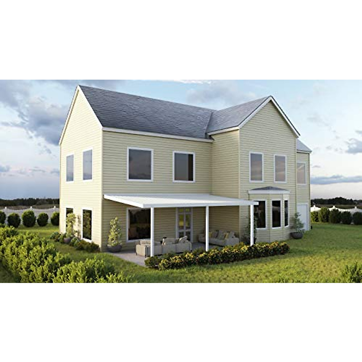 Four Seasons Outdoor Living Solutions Optima Series 22X12ft High-Grade Aluminum Attached Solid Outdoor Patio Cover Awning, 3 Posts, 20 Lb. Snow Load, White