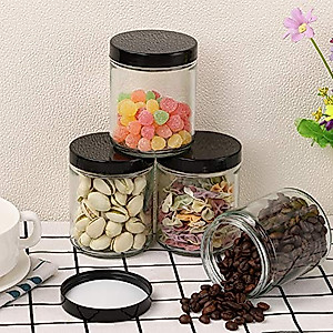 12 Pack 8 oz Clear Glass Jars with Lids, Round Empty Containers for Scrubs, Lotions, Cosmetic, Ointments and Butters, Travel Storage Jar, Black Lids, lables and Spatulas