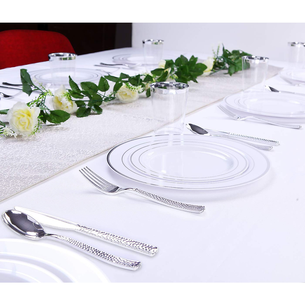 Supernal 360pcs Silver Plastic Cutlery,Elegant Plastic Silverware,Silver Hammed Silverware,Disposable Plastic Flatware,Include 120 Forks,120 Knvies,120 Spoons,Perfect for Birthday,Party,Wedding