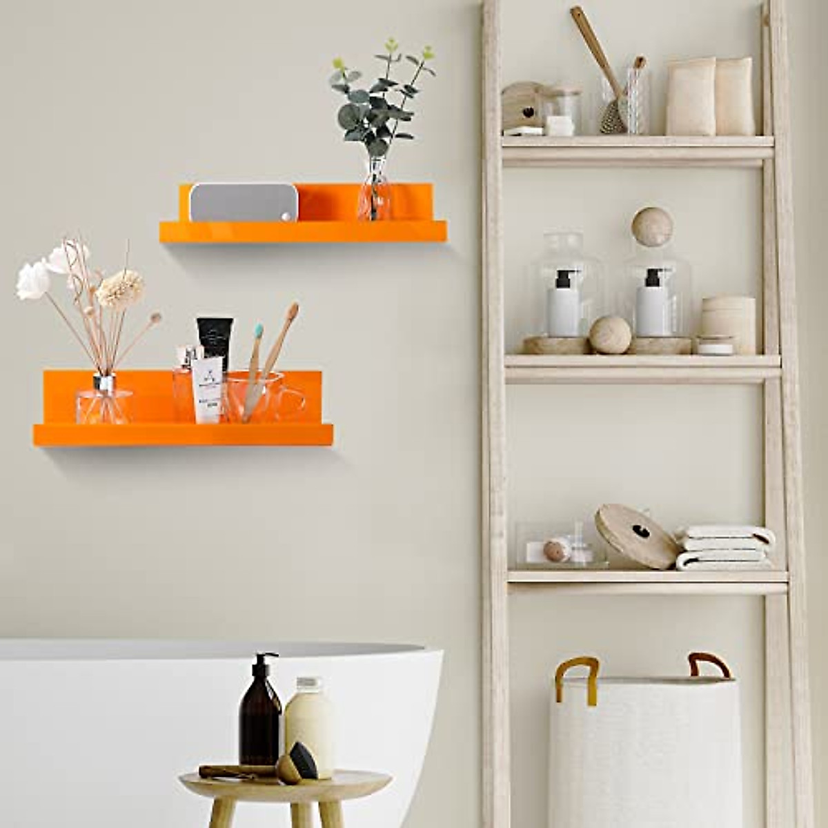 Namalu 4 Pcs Acrylic Floating Shelves 15" Wall Mounted Floating Bookshelf for Kids Room Orange Display Ledge Wall Shelves for Bathroom Bedroom Living Room Kitchen Organizer