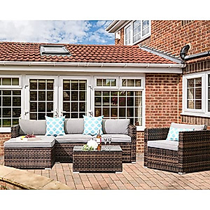 HOMPUS 6 Pieces Outdoor Furniture Set, All-Weather Patio Conversation Set Brown Handwoven Wicker w/Washable Gray Cushions, Glass Coffee Table, Modular Sectional Sofa Set for Backyard Garden Deck Pool