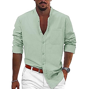 TUREFACE Long Sleeve Button Down Light Green Casual Shirts for Men Dress Cotton Banded Collar Shirt(Light Green,L)
