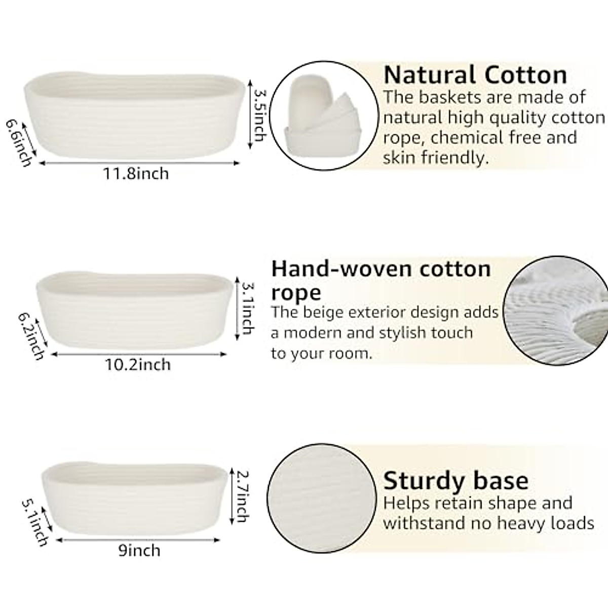 Oungy 3 PCS Rope Baskets Natural Cotton Rope Woven Baskets for Organizing Nursery Storage Basket Natural Woven Gift Basket Empty Soft Storage Baskets Cat Dog Toy Baskets, Off White