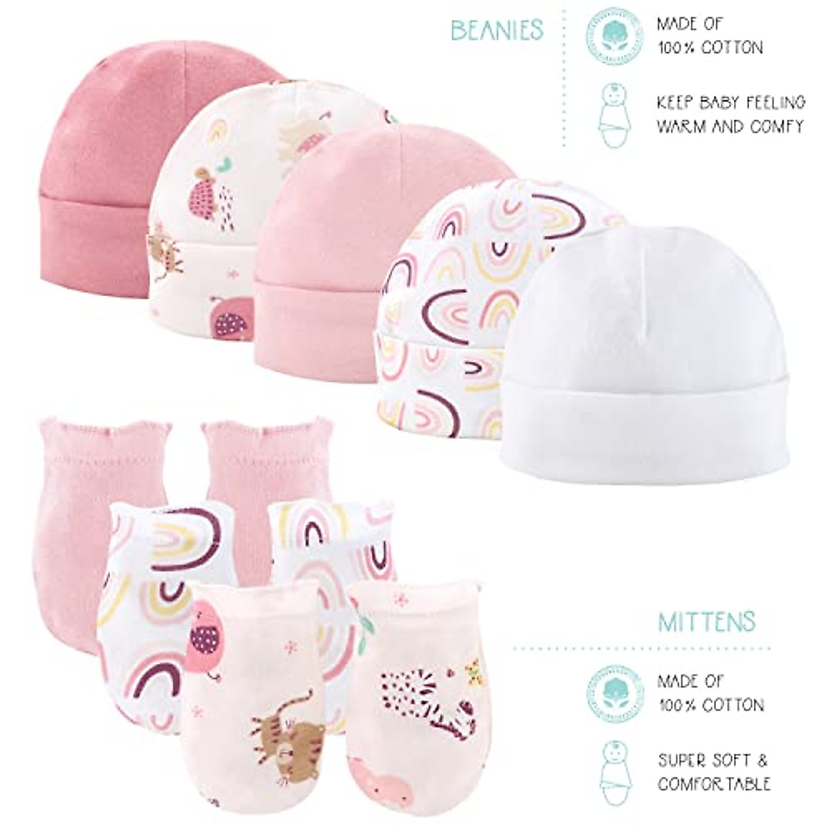 The Peanutshell Newborn Clothes & Accessories Set - 23 Piece Baby Girl Layette Gift Set - Fits Newborn to 3 Months - Rainbow & Safari, Pink