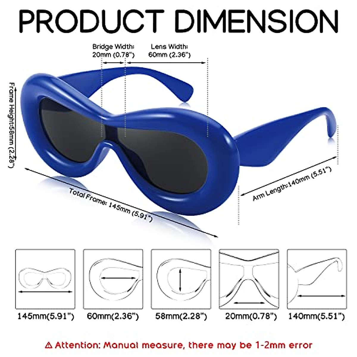 FEISEDY Oversized Inflated Oval Sunglasses for Women Men Fashion Thick Frame Y2K Glasses Funny Aesthetic Shades B9088 (Blue, 60MM)