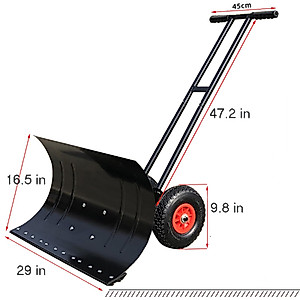 Snow Pusher, Snow Shovel with Wheels, 29" Wide Snow Plow Shovel Wheeled, Double Push Rod Design, Angle and Height Adjustable, Snow Shovel for Driveway Garden Pavement
