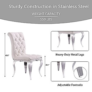 Anewsun Dining Chairs, White Velvet Upholstered Dining Room Chairs Set of 6, Crystal Decor Button Tufted Dining Chairs with Silver Mirror Legs