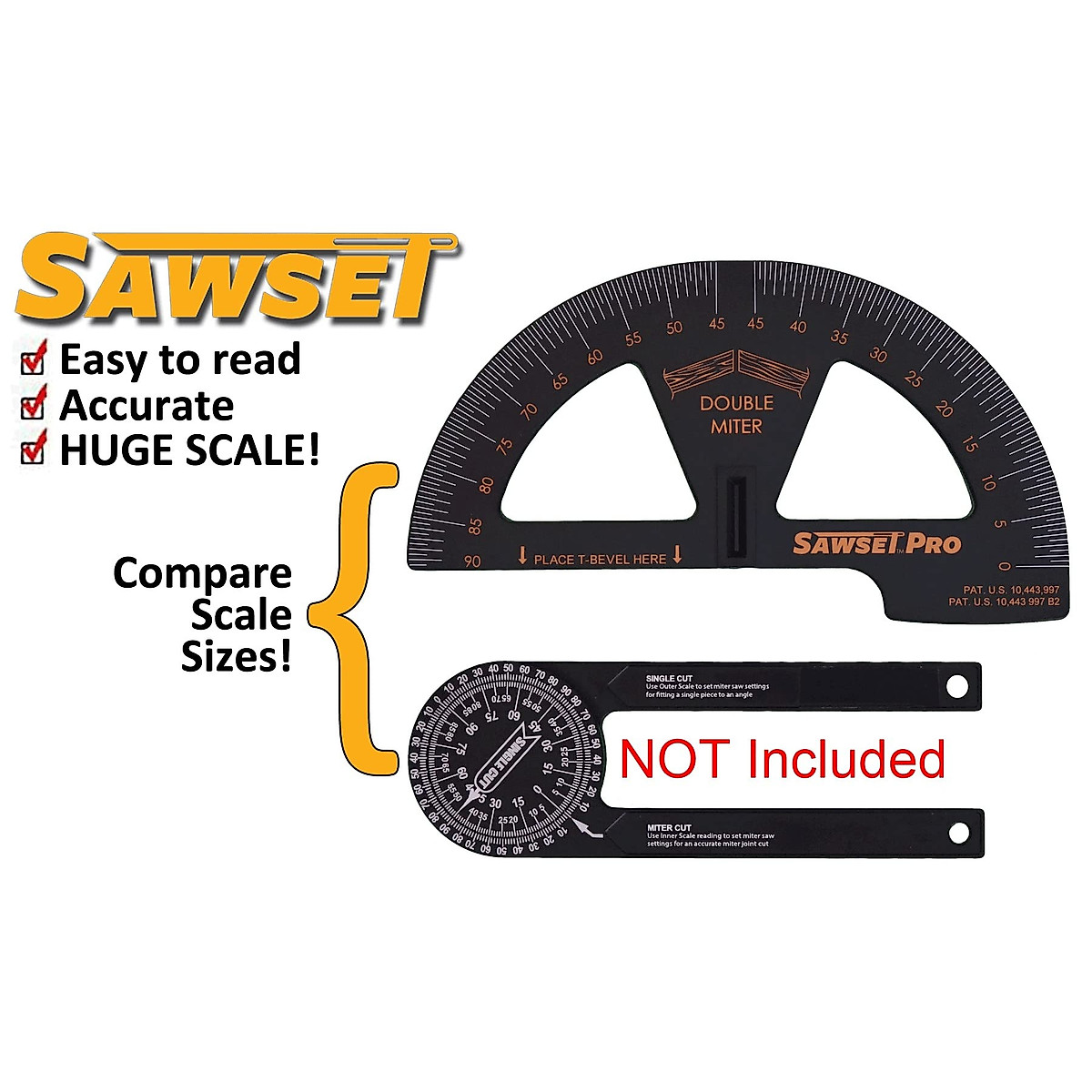 Sawset Miter Saw Protractor SAWSET PRO. Patented No Math Scales. Large Scales are The Key to Accuracy. In Size Matters! In ABS Plastic.