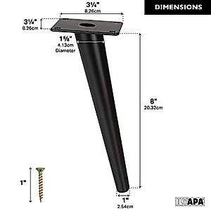 Ilyapa Tapered Oblique Metal Furniture Leg - Set of 4 Black Mid Century Modern 8 Inch Tapered Replacement Furniture Feet for Sofas, Chairs, Tables