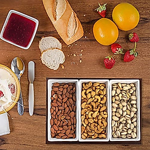 Elsjoy Set of 3 Ceramic Serving Bowls with Wooden Tray, Snack Serving Tray Divided Serving Platter for Appetizer, Fruits, Bread