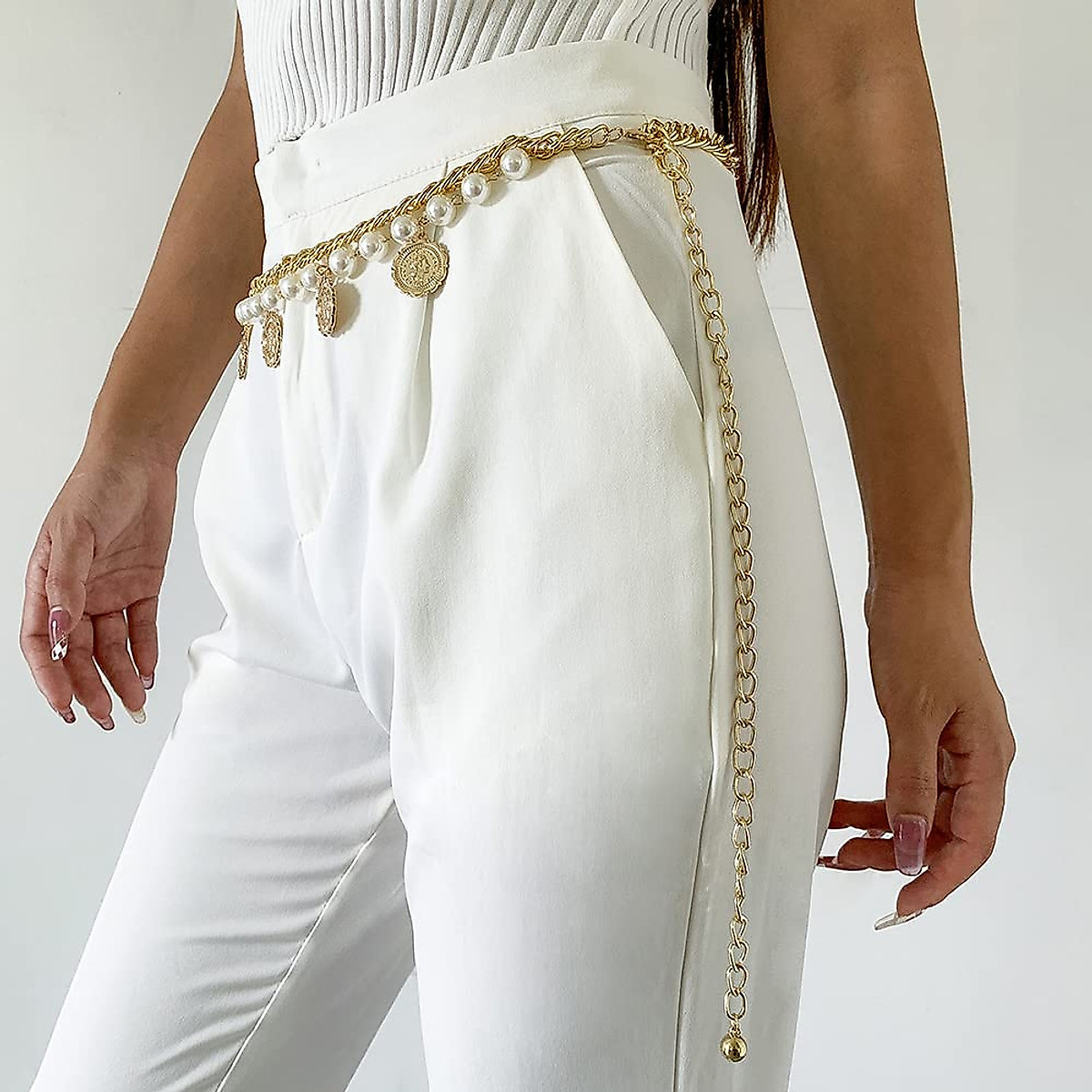 Wiwpar Pearl Waist Chain Belt Coin Pendant Beach Body Chains Fashion Body Belly Belt Waist Chain for Women and Girls (Gold)