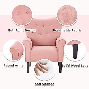 YOLENY Modern Accent Chair,High Back Armchair,Upholstered Fabric Button Single Sofa with Wooden Legs for Living Room,Bedroom,Club,Light Pink