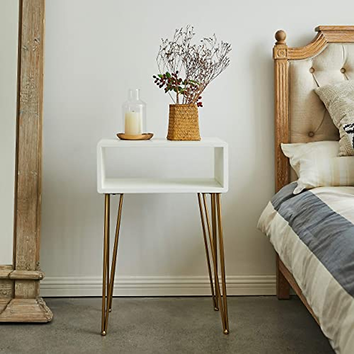 COZAYH Modern Contemporary Nightstand Set of 2, Extreme Minimalism End Table Open Shelf Style Bedside Table on Metal Hairpin Legs (White&Gold)
