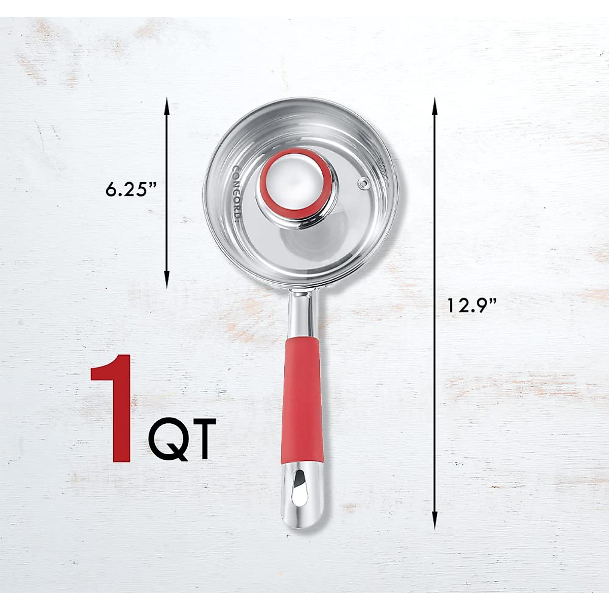 Concord 1 Quart Stainless Steel Saucepan with SIMPLE POUR Vented Glass Lid. Features Dual Pouring Spouts and Volume Marking. Perfect for making Sauces, Jam, Ramen, and more