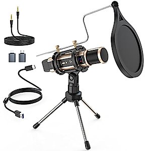 ZealSound Studio Recording Microphone, Condenser Broadcast Microphone w/Stand Built-in Sound Card Echo Recording Karaoke Singing for Phone Computer PC Garageband Smule Live Stream & YouTube (Gold)