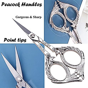 KISTARCH 2pcs Embroidery Scissors,5" Sewing Scissors Small Sharp Craft Scissors with Leather Sheath for Fabric Needlework Crochet Threading Tool, Artwork,Thread Snips, Silver-Bronze Peacock Style