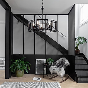 MhyTogn Industrial style Chandelier, with Matt Black Finish Geometric Shade Pendant Lighting Fixture for Dining Room Living Room Kitchen Island Bedroom 5-light