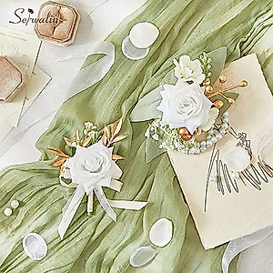 Serwalin White Corsage and Boutonniere Set, Prom Artificial Flower Wrist Corsage Bracelets, Homecoming Corsage Wristlet, Boutonniere for Men Wedding Flowers Accessories Prom Suit Decorations