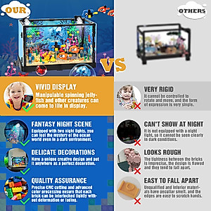 Fish Tank Building Block, Lighting Aquarium Building Sets for Adults and Kids Including Ocean Jellyfish, Dolphin, Turtle, Crab, Animal Building Toys for Boys Age 8-12, 725pcs