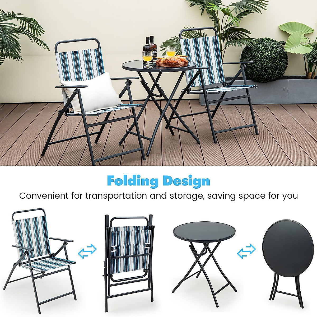 Giantex 3 Pcs Patio Bistro Set, Folding Table and Chairs Set, Metal Outdoor Dining Set with 2 Chairs, Glass Round Side Table, Conversation Furniture Set for Yard Porch Deck Backyard