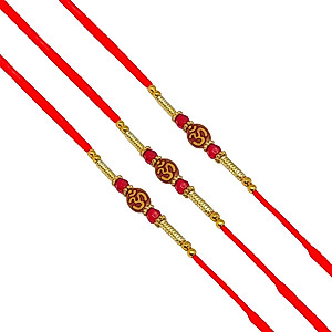 ZYRENA Set of 3 OM Rakhi for Brother Bhaiya Bhabhi, Gift Rakhi for Family, Raksha Bandhan Festival Rakhi for Bhaiya and Bhabhi, Oval Om Pendant with Rudraksha and Golden Beads Rakhi Thread