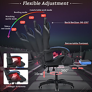 Gaming Chair with Massage and LED Lights Ergonomic Video Game Chairs with Footrest High Back Reclining Computer Chair with Adjustable Lumbar Support Blue and Black