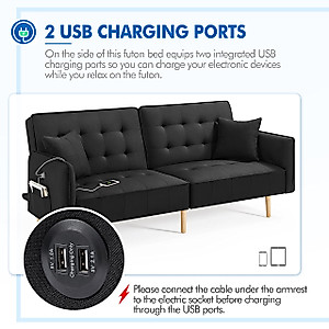 Yaheetech Futon Sofa Bed Convertible Couch Sofa with USB Ports Fabric Sleeper Sofa Split-Back Loveseat for Living Room, Studio, Office, Black