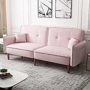 Eafurn Button Tufted Futon Bed, Modern Convertible Loveseat, Comfy Upholstered Folding Sofa & Couches with Armrest for Apartment, Compact Sofabed, Pink Cotton 75" w/Wooden Legs