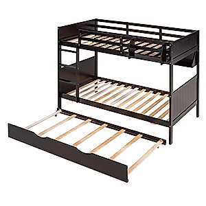 HBRR Twin Over Twin Bunk Bed with Trundle and Bookshelf, Wooden Separable BunkBed Frame for Kids Teens Adults, No Box Spring Needed, Espresso