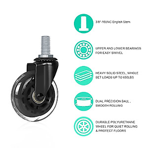 Hirate 3" Office Chair Casters Wheel with 3/8"-16UNC Threaded Stem Durable Gaming Chairs Casters Replacement Safe for Hardwood Tile Floors, Set of 5 with Screw Inserts