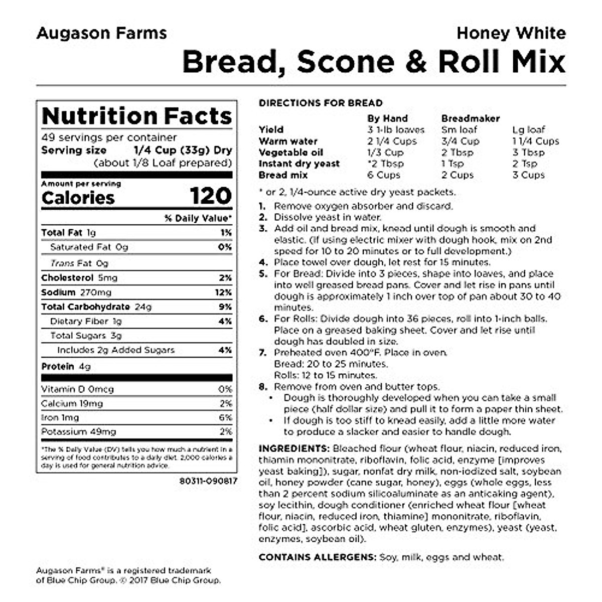 Augason Farms Honey White Bread Scone & Roll Mix Emergency Food Storage #10 Can