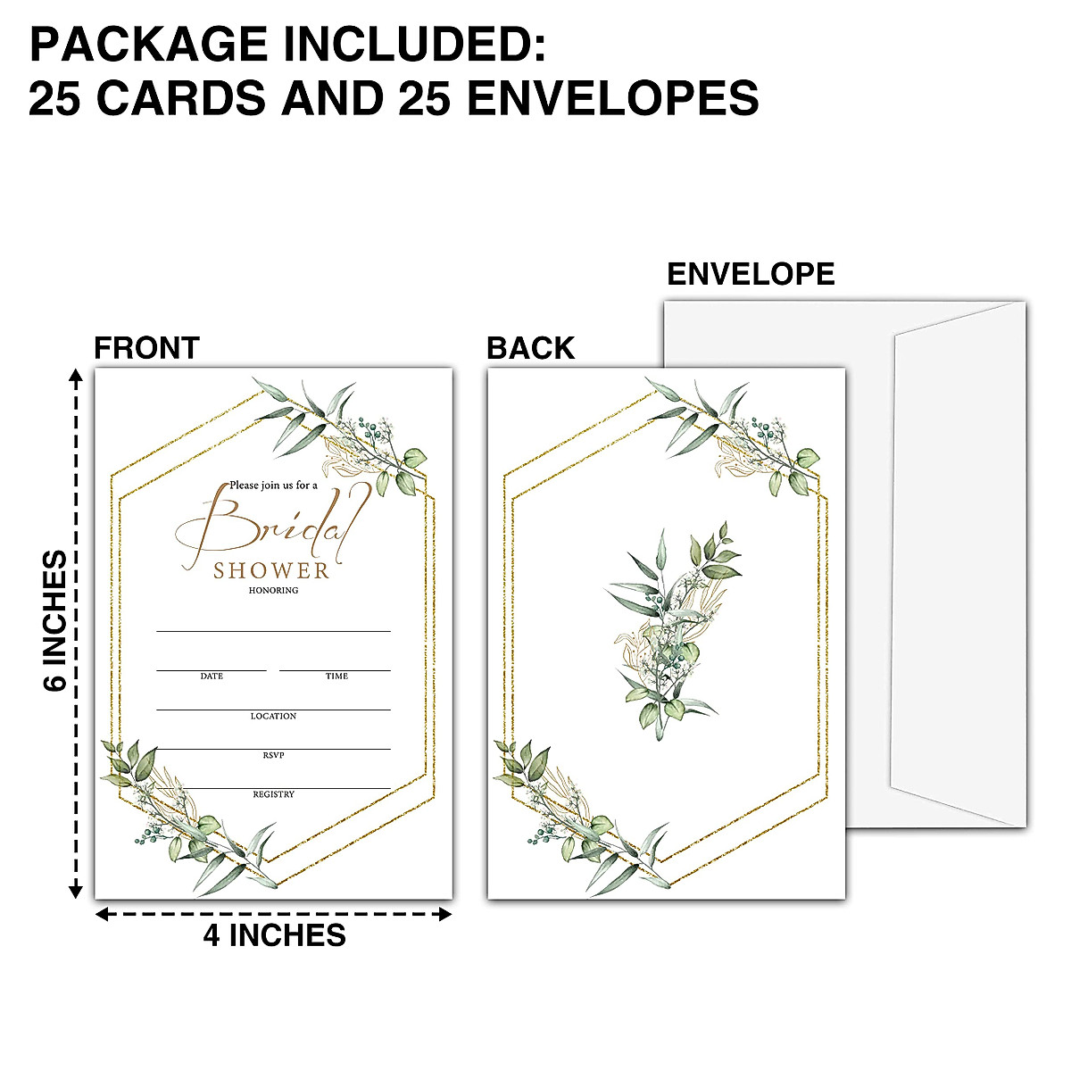 Greenery Eucalyptus Bridal Shower Invitations with Envelopes, 25 Pcs Gold Foil Blank Fill-in Invites for Wedding Reception, Engagement Party, Bachelorette Party(10)