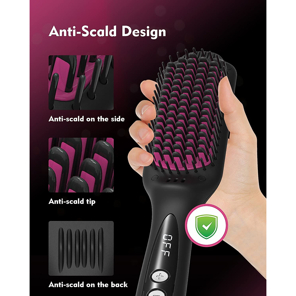 Hair Straighteneing Brush, Negative Ion Hair Straightener Brush with 12 Temp Settings, Fast MCH Ceramic Heating Technology, Anti-Scald, Auto Temperature Lock & Auto Off for Women