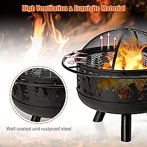Tangkula Outdoor Wood Burning Fire Pit, 30 Inch Round Fire Pit Bowl w/Fire Poker, Grill & Spark Screen, 2-in-1 Powder-Coated Steel Firepit for Patio, Backyard, Barbecue, Bonfire (Black)