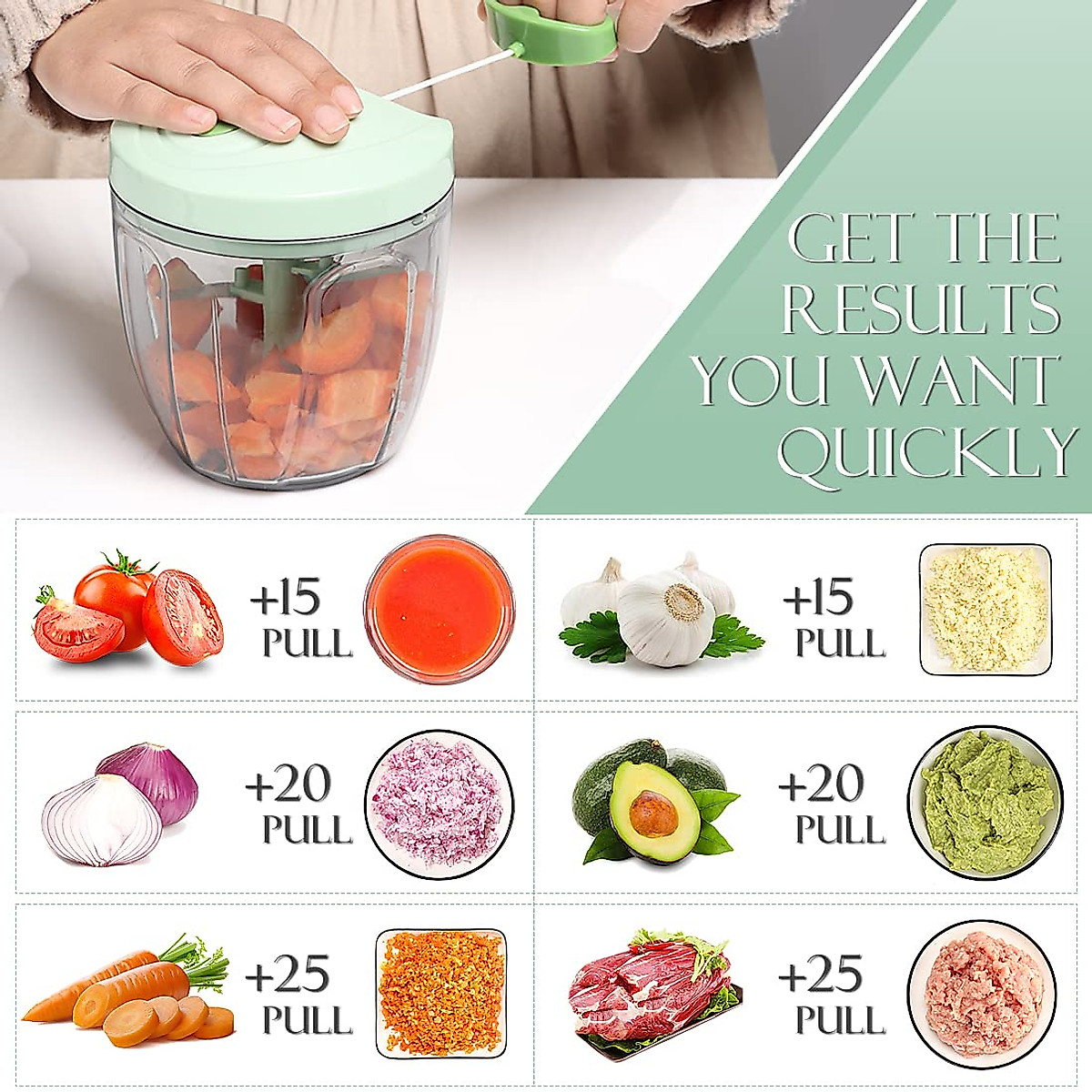 Ourokhome Manual Food Processor Vegetable Chopper, Portable Hand Pull String Garlic Mincer Onion Cutter for Veggies, Ginger, Fruits, Nuts, Herbs, etc., 900ml, Green