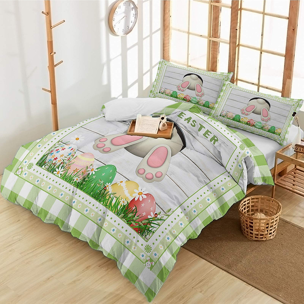 Easter Queen 3 Pieces Duvet Cover Set,Bunny Tail Egg Super Soft Breathable Bedding Sheet,Flower Green Plaid White Plank Machine Washable Quilt Covers and Pillow Cases Bed Sets for Bedroom Guest Room