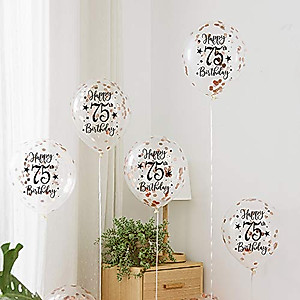 Rose Gold 75th Confetti Latex Balloons, Woman Happy 75 Years Birthday Party Balloon Decoration With Confetti, 12in, 16 Pack
