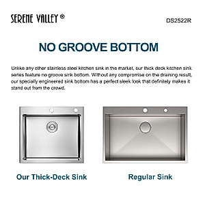 Serene Valley Stainless Steel Kitchen Sink,25-Inch Thick Deck Dual Mount, Single Bowl with Rear Drain, Heavy-Duty Grids DS2522R