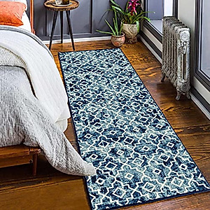 Moroccan Hallway Runner Rug,2'X 6' Distressed Washable Area Rug Peacock Blue Non-Slip Kitchen Mat Faux Wool Low-Pile Floor Carpet for Kitchen Laundry Bedroom Bathroom Living Room