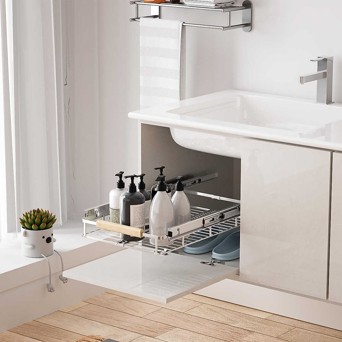 FESDOS Roll-Out Extendable Sliding Basket Pull-Out Cabinet Organizer Slide Out Pantry Shelves Cabinet Shelves for Kitchen, Under Sink, Bathroom, Wardrobe, Opening Size Required 12.3"-18.1", Set of 2