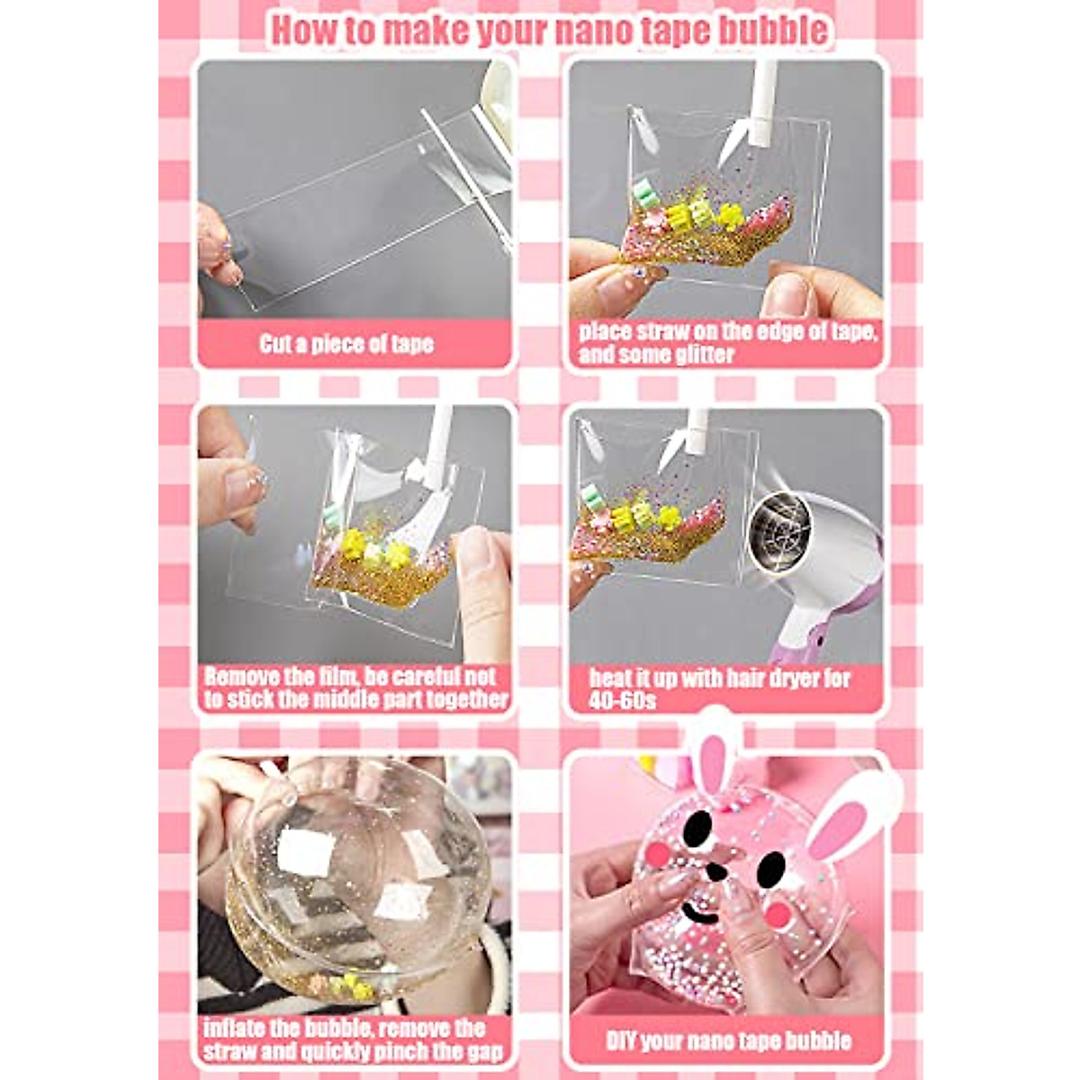 Nano Tape Bubble Kit, Super Elastic Bubble Balloons with 5pcs Straw, 2pcs Clamps, Stickers,12 Kinds of Glitter with Storage Box, Nano Tape Plastic Bubble Balloon DIY Craft Kit for Boys, Girl