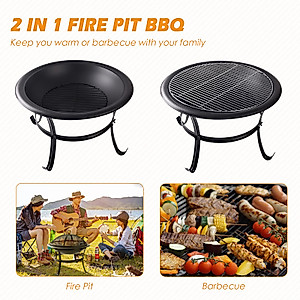 SOBEIT 2 in 1 Fire Pit with BBQ Grill, Outdoor Wood Burning Fire Pit with Spark Screen & Fire Poker, Portable Fire Pit Bowl for Outside Garden Patio(Black, 22inch)