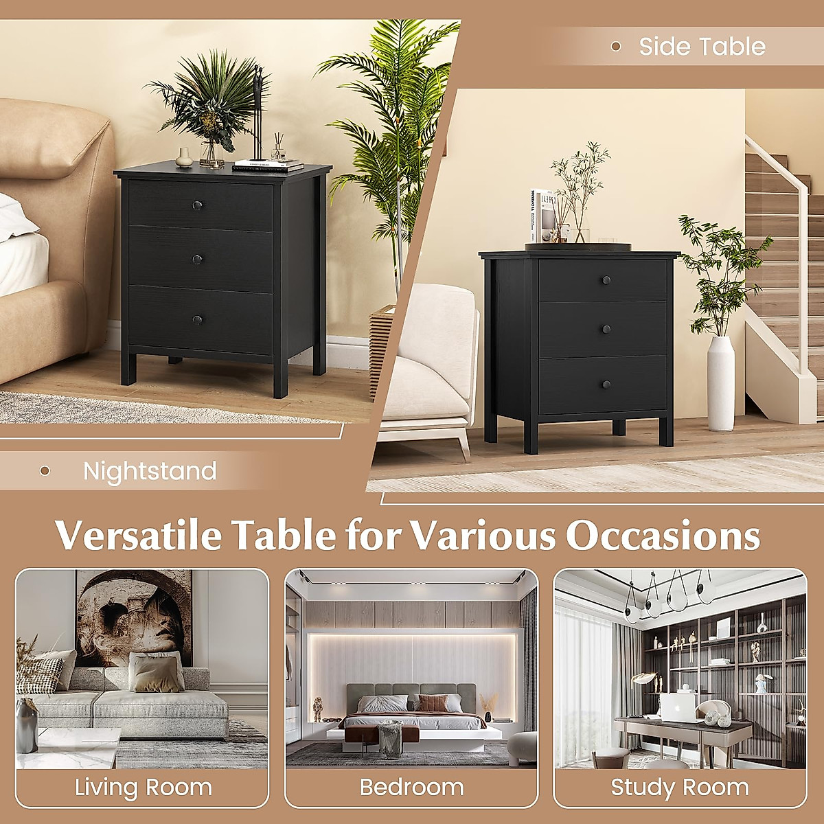 Giantex Nightstand with 3 Drawers Set of 2, Wooden Side End Table with Solid Wood Legs, Retro 3-Drawer Bedside Table Night Stand for Bedroom Home Office Small Space, Easy Assembly, White