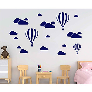 Giant Removable Vinyl 3D Hot air Balloons with Clouds Wall Decals DIY Wall Stickers Nursery Decor Kids Bedroom Art Decoration Girls Rooms Decal Child Sticker Home Walls Decal (White) D952 (Navy Blue)