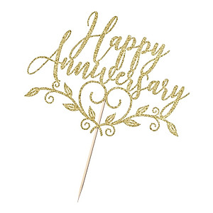 Sodasos Glitter Happy Anniversary Cake Topper,Wedding Anniversary Cake Toppers, Happy Anniversary Party Decorating supplies (gold)