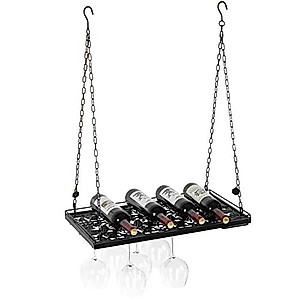 MyGift Black Metal Hanging Wine Glass Holder Rack Ceiling Mounted with Display Shelf and Vineyard Cutout
