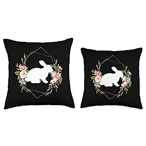 Floral Bohemian Pink Rose Flower Gift Women Girls Rabbit Cottontail Bunny Hare Cute Black White Throw Pillow, 18x18, Multicolor