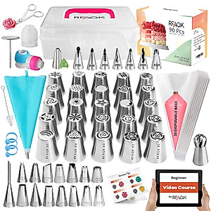 90PCs Russian Piping Tips Complete Set - Christmas Cake Piping Bags and Tips Set, Cookie, Cupcake & Cake Decorating Kit Baking Supplies-Cake Frosting Tools,25 Russian Tips,23 Icing Tips,31 Pastry Bags