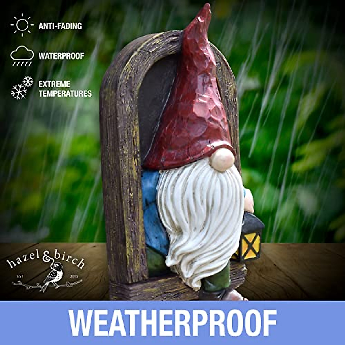 Hazel & Birch Outdoor Garden Gnome Out The Door Tree Hugger - Large Statues for Yard, Lawn, Patio, Porch - Hand Painted, Weatherproof Gnome Figurine (Out The Door Lantern Gnome)